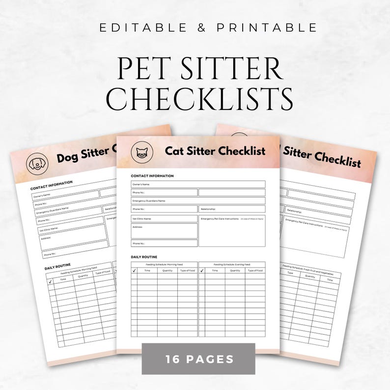 Pet Sitter Checklists Template Printable Dog Sitter Checklist Cat ...