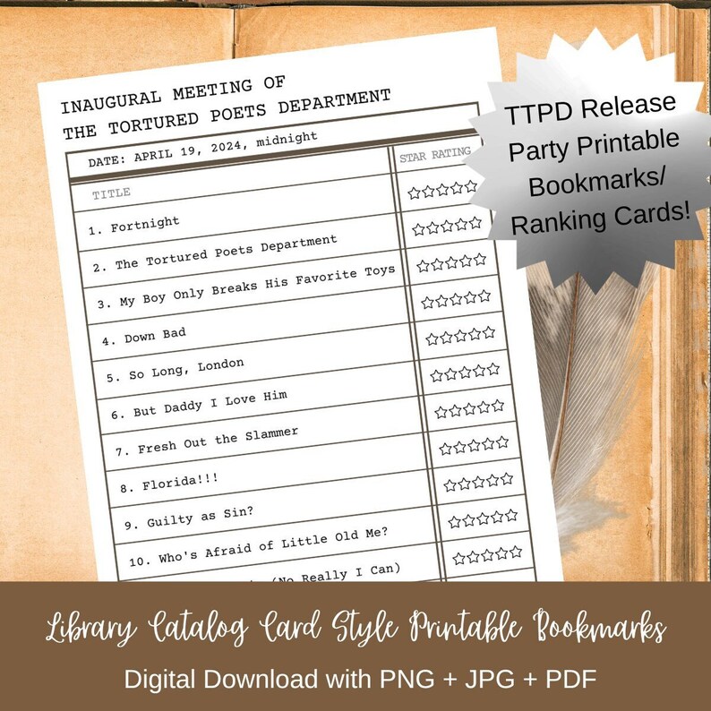 TTPD Library Catalog Card Bookmarks Listening Party Activity the Taylor ...