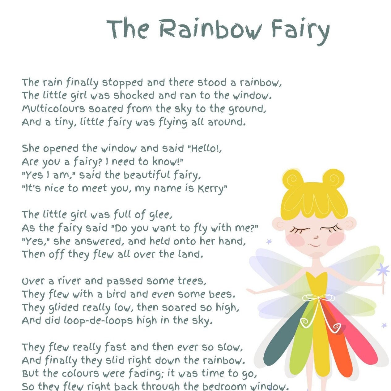 The Rainbow Fairy Children s Poem Children s Wall Art Bedroom Poster Picture Rhyme PDF File Etsy