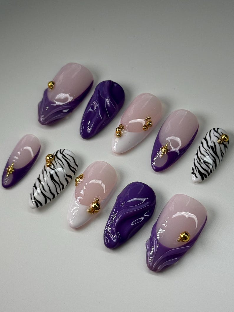 3D Purple Zebra Print Press on Nails: Almond French Tip - Etsy