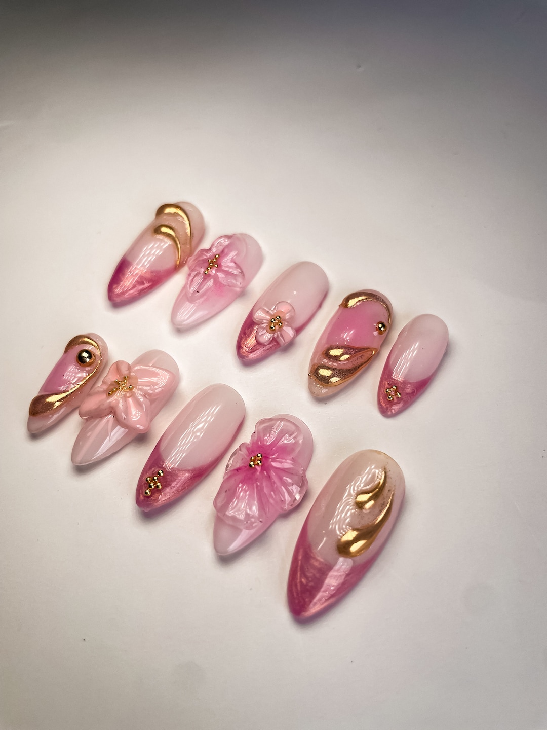 3D Flower Press on Nails: Pink Almond, Gold Chrome French Tip - Etsy