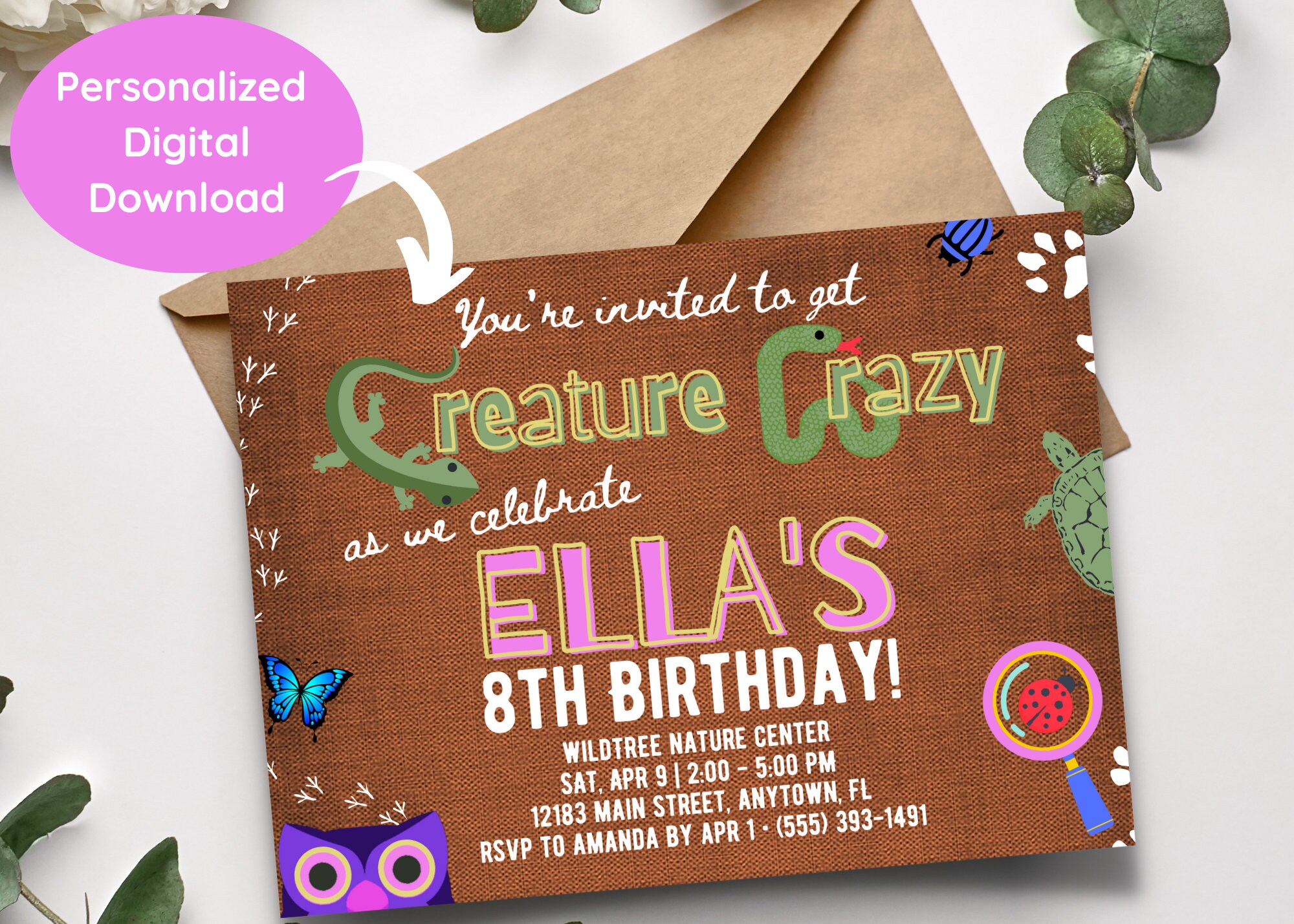 Girls Nature Center Birthday Party Invite (pink) - Creature, Bug ...