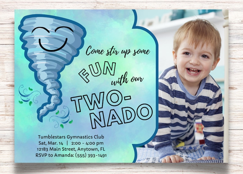 Two-nado 2nd Birthday Photo Invite (blue) - Twonado Party Invitation ...