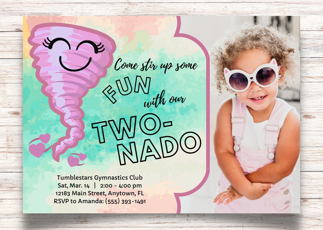 Two-nado 2nd Birthday Photo Invite (pink) - Twonado Party Invitation ...