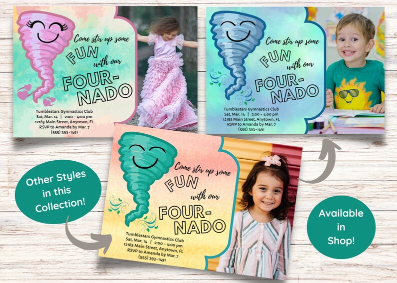 Four-nado 4th Birthday Photo Invite (pink) - Fournado Party Invitation ...