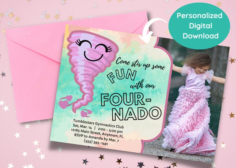 Four-nado 4th Birthday Photo Invite (pink) - Fournado Party Invitation ...