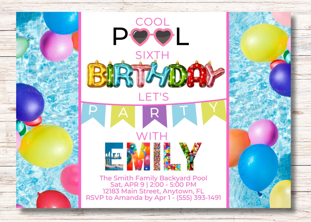 Pool Party Invite (pink) - Girls Birthday Invitation - Customized Name ...