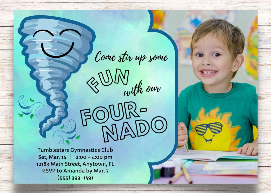 Four-nado 4th Birthday Photo Invite (blue/green) - Fournado Party ...
