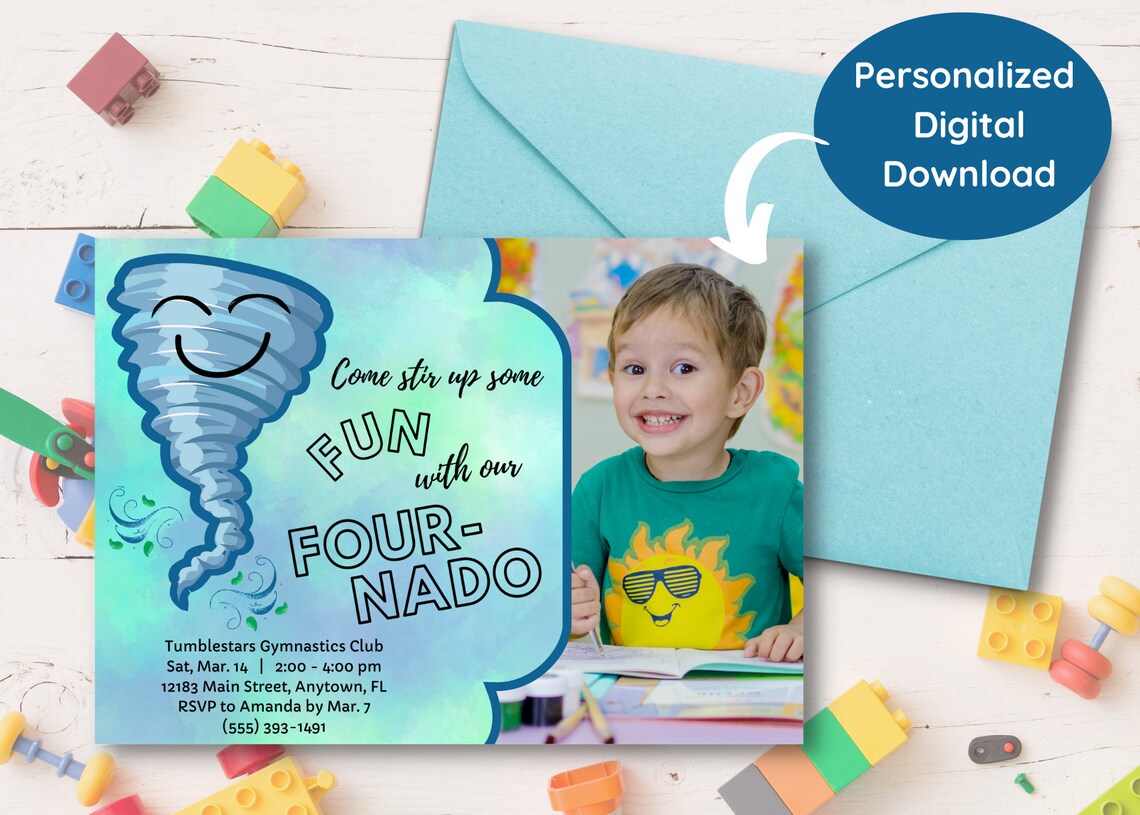 Four-nado 4th Birthday Photo Invite (blue/green) - Fournado Party ...