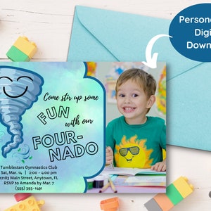 Four-nado 4th Birthday Photo Invite (blue/green) - Fournado Party ...