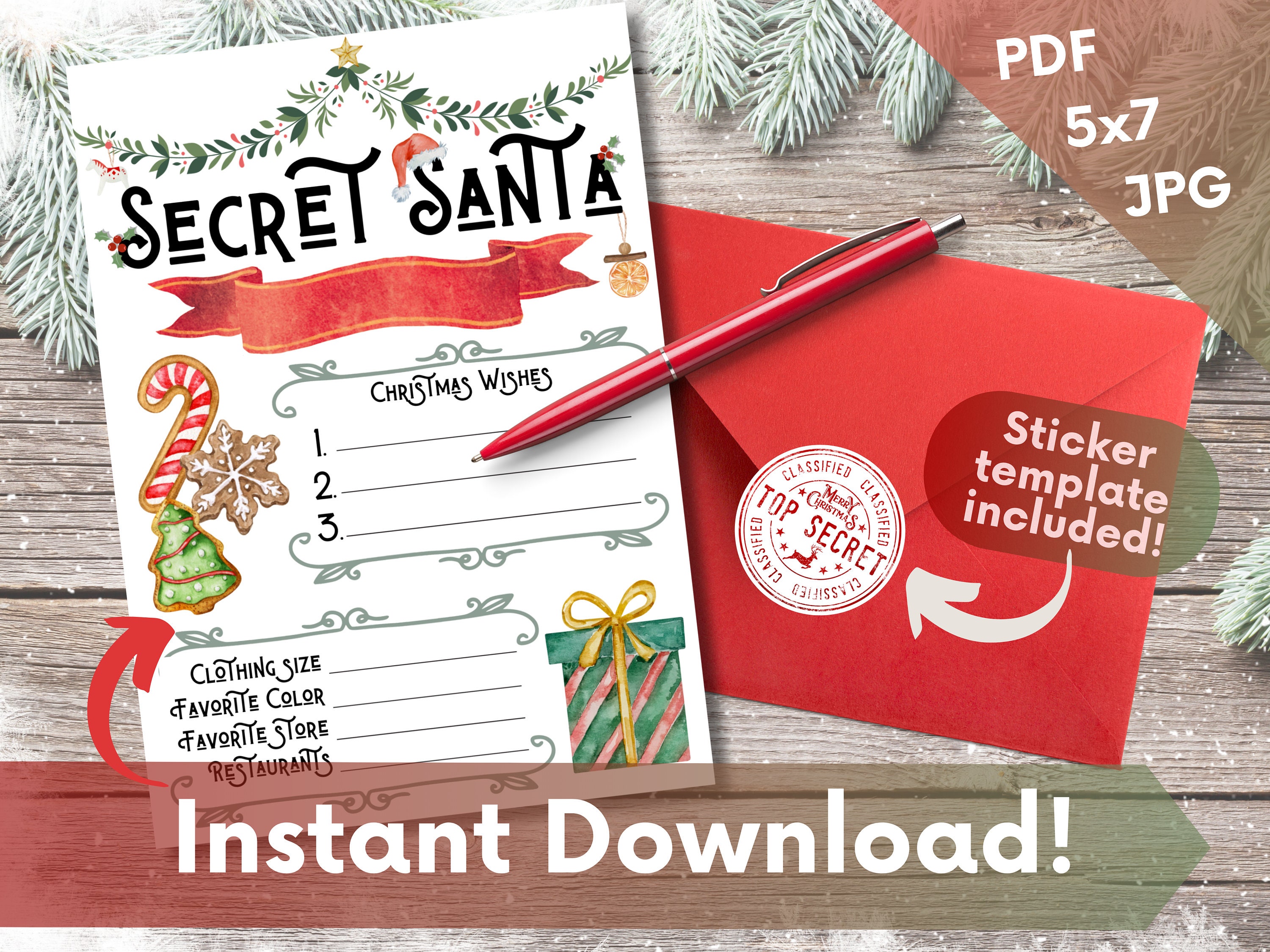Secret Santa Wish List Printable - Instant Download - 5x7 Christmas ...