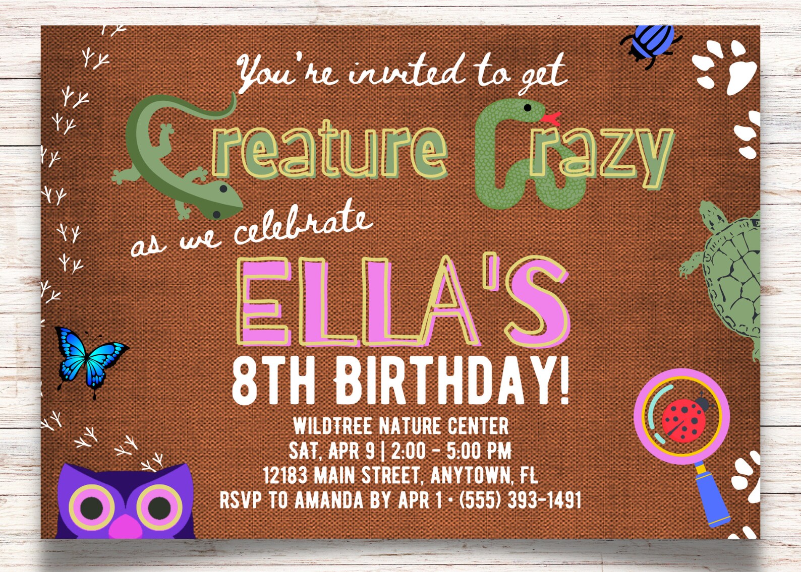 Girls Nature Center Birthday Party Invite (pink) - Creature, Bug ...