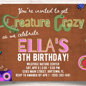 Girls Nature Center Birthday Party Invite (pink) - Creature, Bug ...