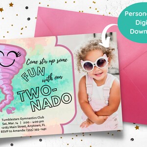 Two-nado 2nd Birthday Photo Invite (pink) - Twonado Party Invitation ...