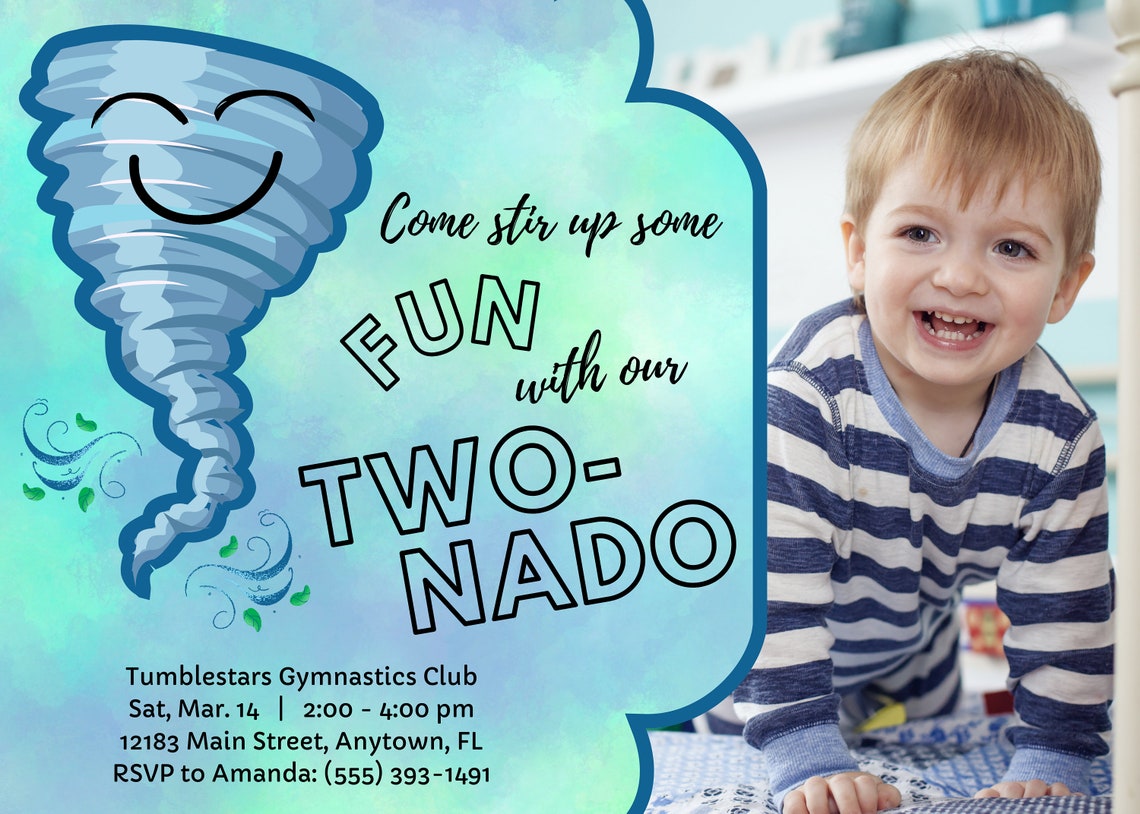 Two-nado 2nd Birthday Photo Invite (blue) - Twonado Party Invitation ...