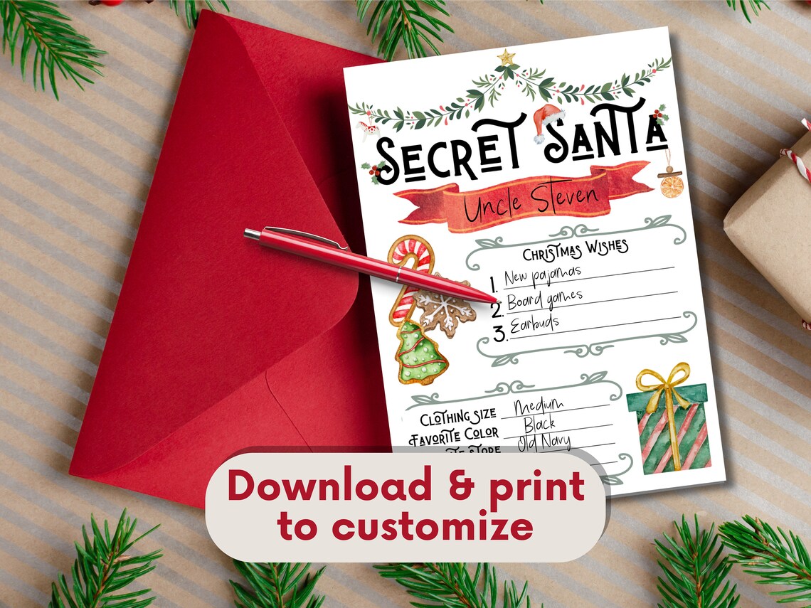 Secret Santa Wish List Printable - Instant Download - 5x7 Christmas ...