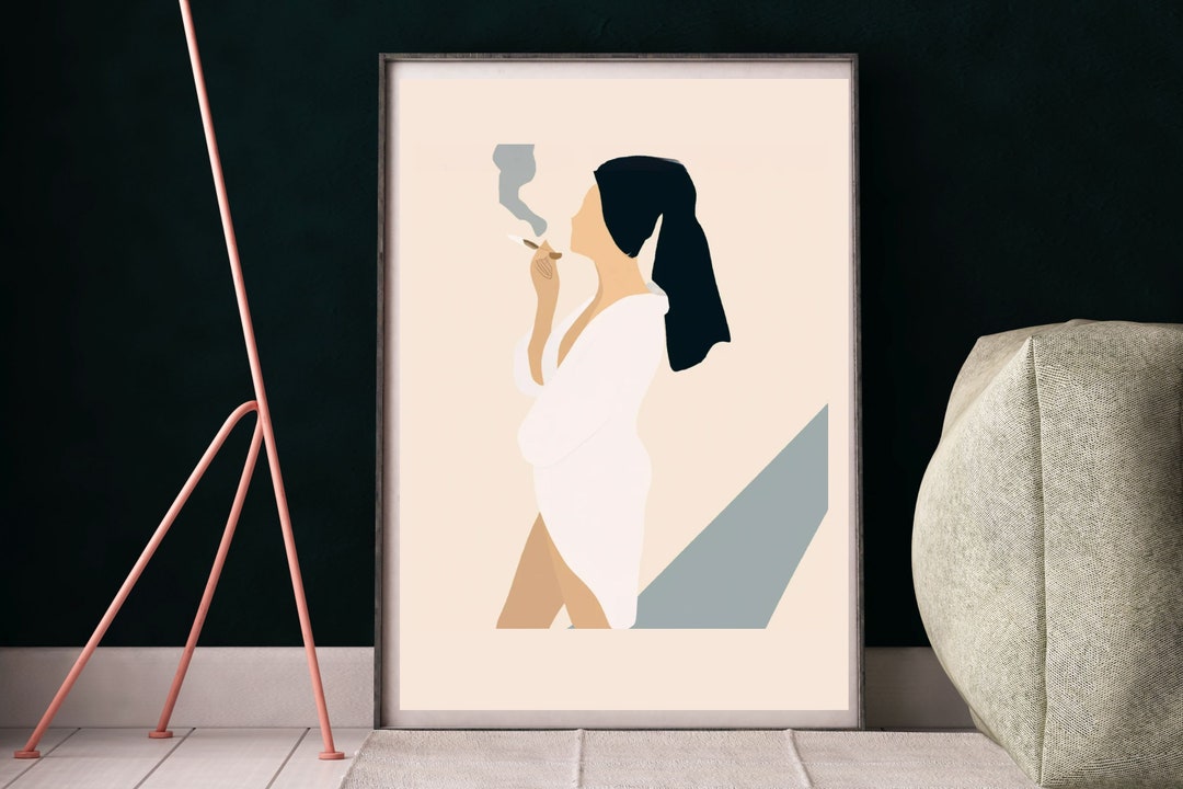 Boho Portrait Faceless Woman Smoking in Towel Minimalist Digital Print ...