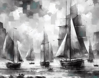 Greyscale Sailboat Digital Art Print Oceanic Serenity, Instant Download ...
