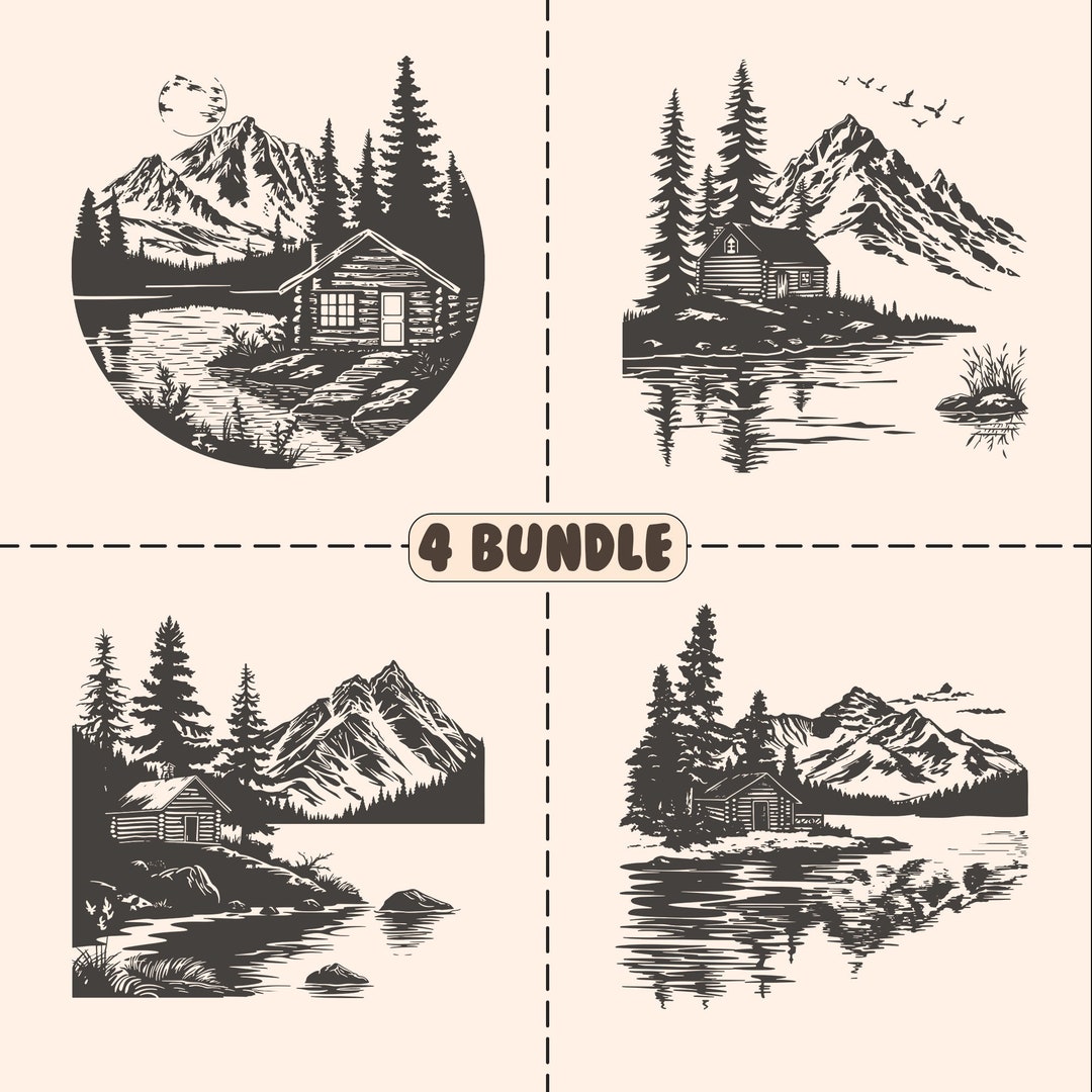 Log Cabin Lake Mountain SVG PNG DXF Laser Machine Cut File Printable ...