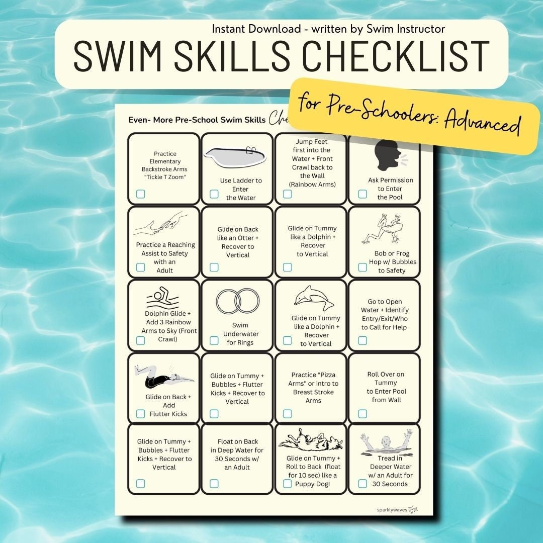 Swim Skills Checklist, Swim Lesson Plan for Pre-schoolers, Printable ...