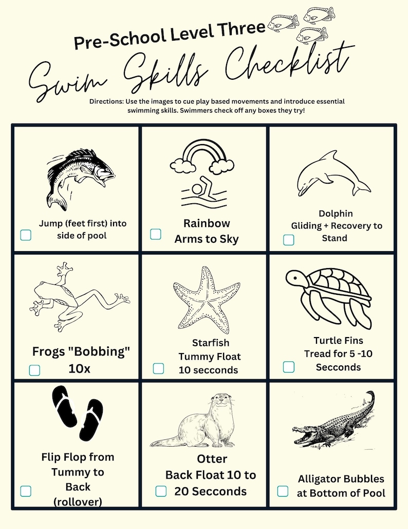 Printable Swim Lesson Checklists for Pre-schoolers, Swim Lessons for ...