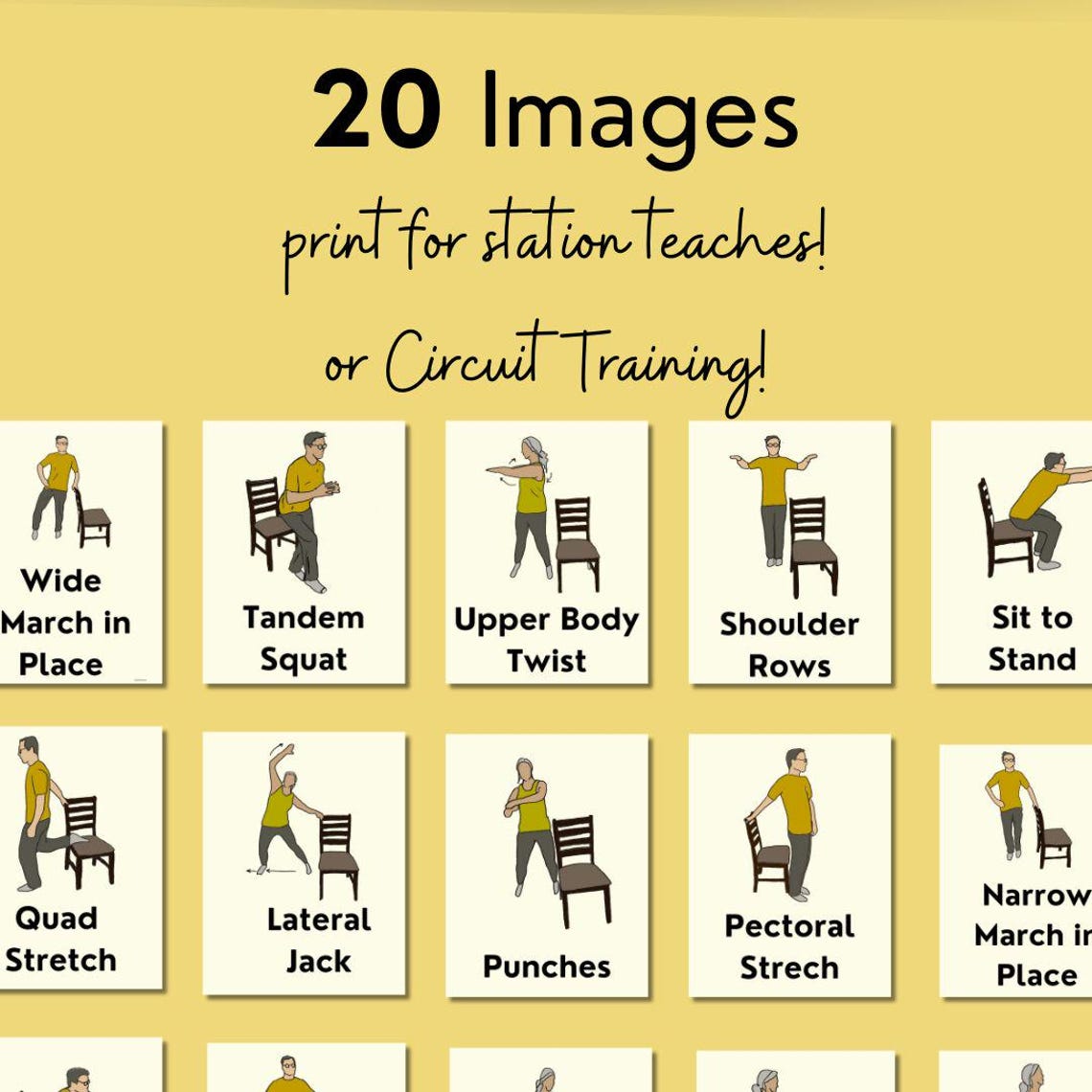 Chair Exercise Visuals for Senior, Exercise Cue Cards for Fitness ...