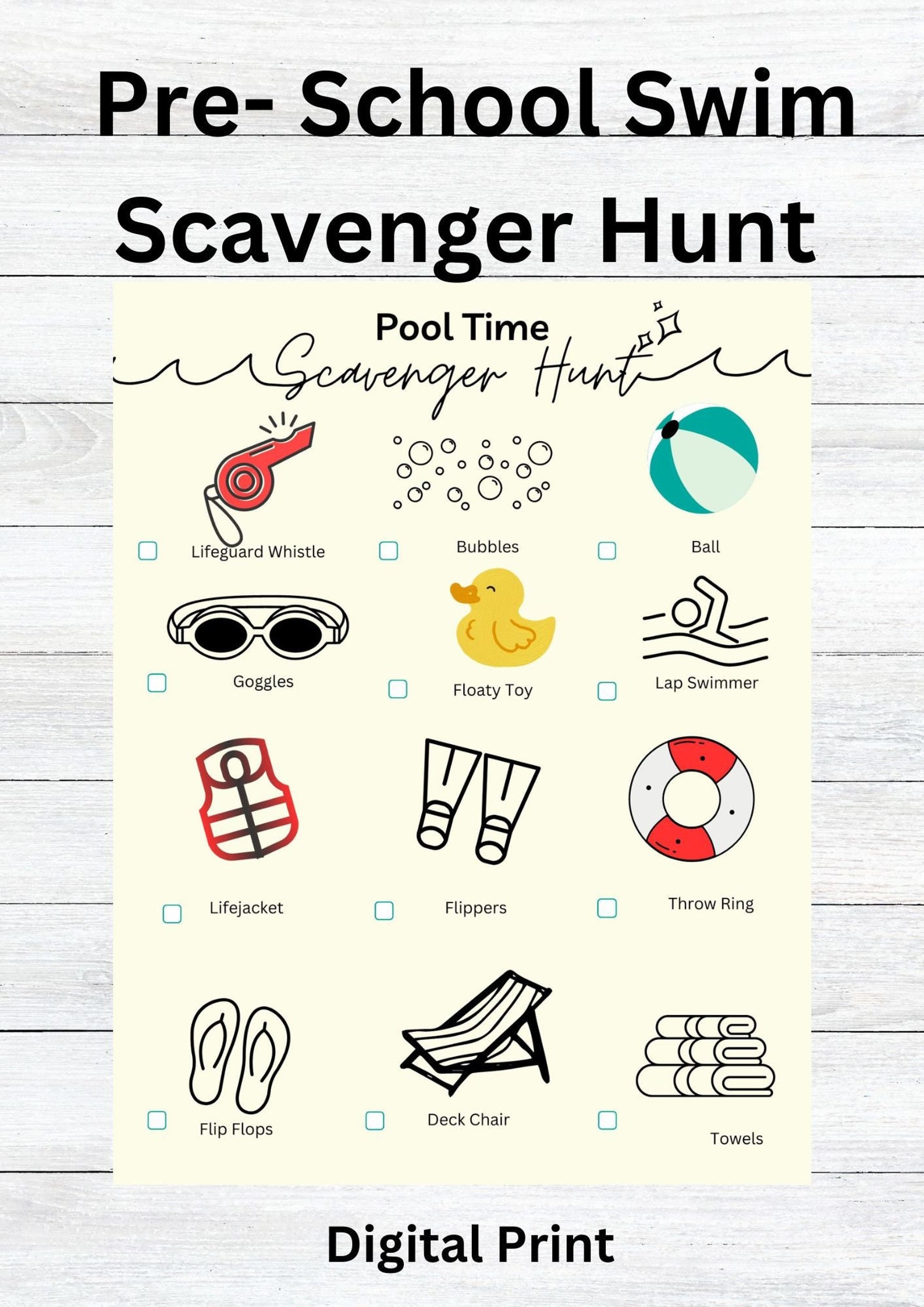 Printable Scavenger Hunt for Pre-schoolers, Swimming Lesson Printable ...