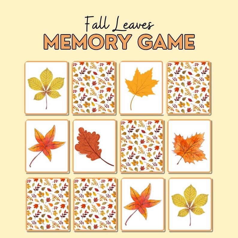 Fall Memory Game for Seniors, Printable Memory Matching Game for Older ...
