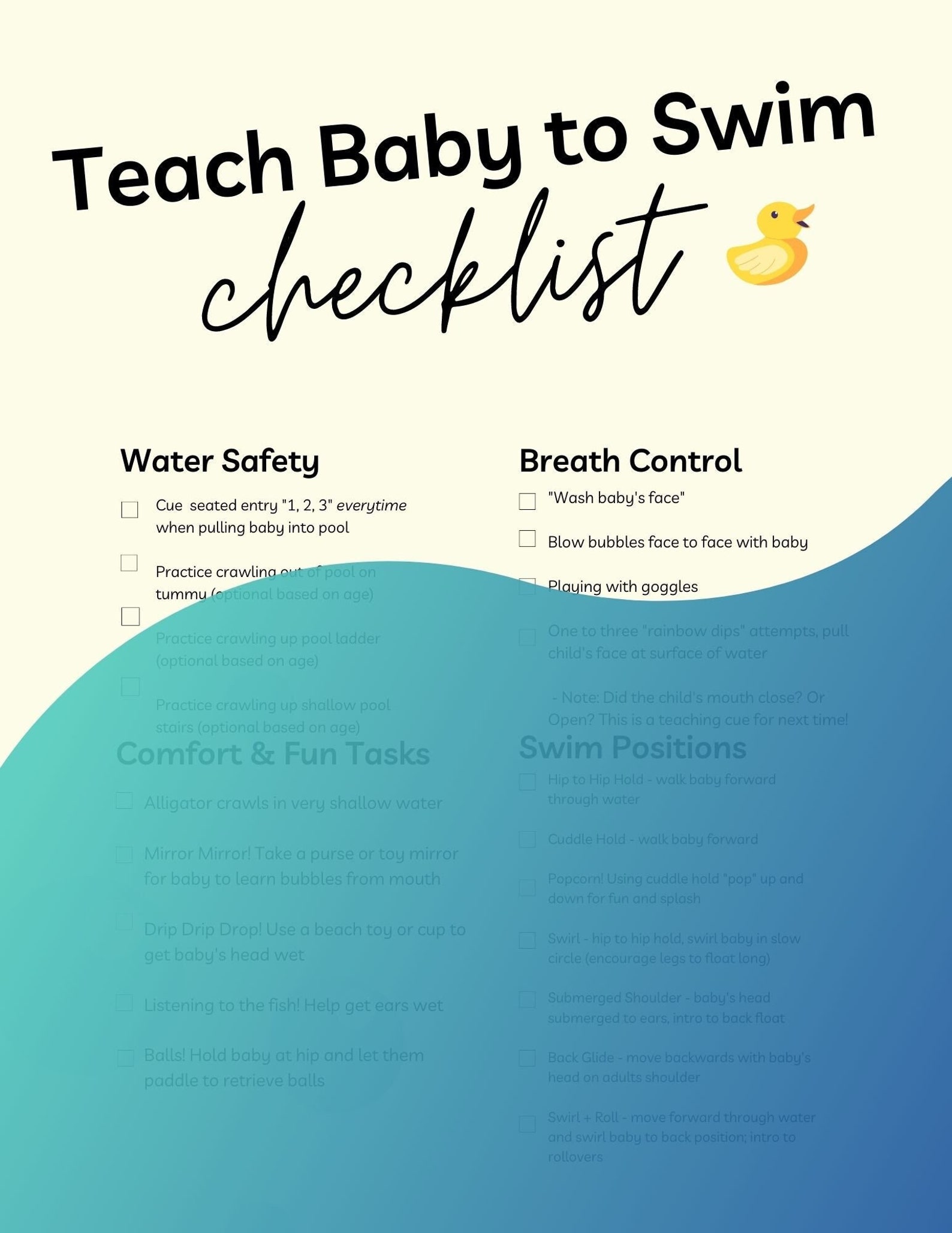 Printable Baby Swimming Lesson, Swim Lesson Plan, Swim Checklist for ...