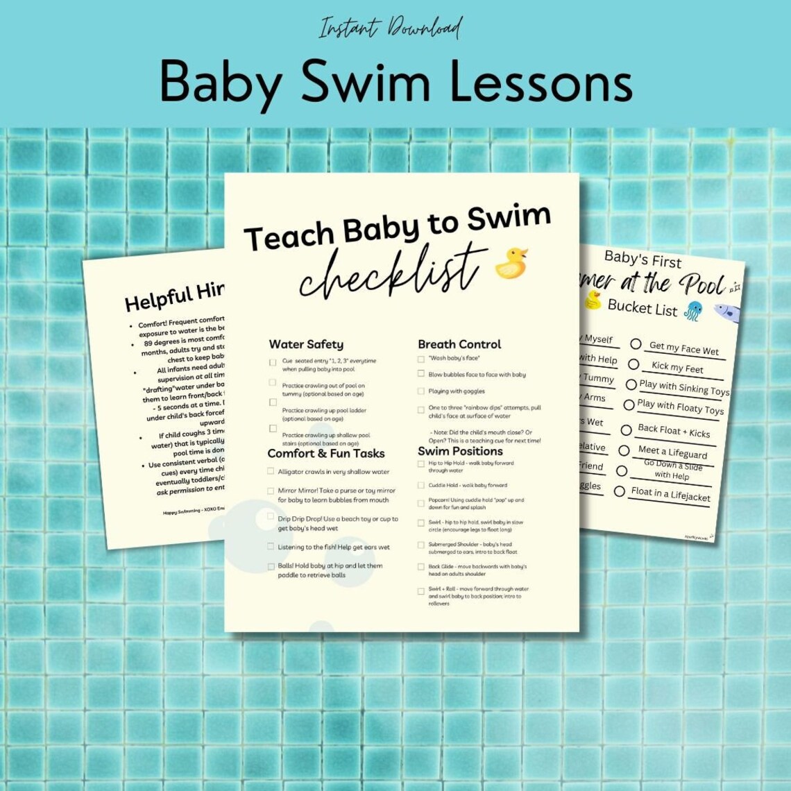 Baby Swim Lesson Checklists, Swimming Lessons for Infants, Printable ...