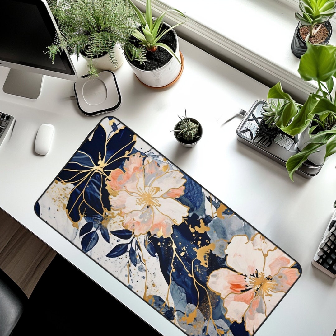 XXL Gaming Desk Mat & Play Mat for Women Marbled Elegance Navy and Gold ...