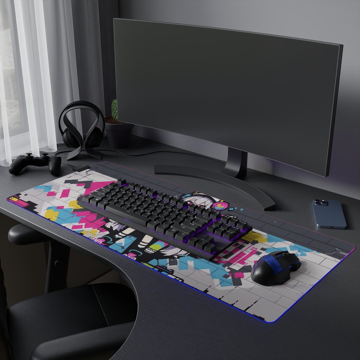 RGB Nightcore Graffiti Girl Gaming Mouse Pad - LED XXL Anime Desk Mat ...