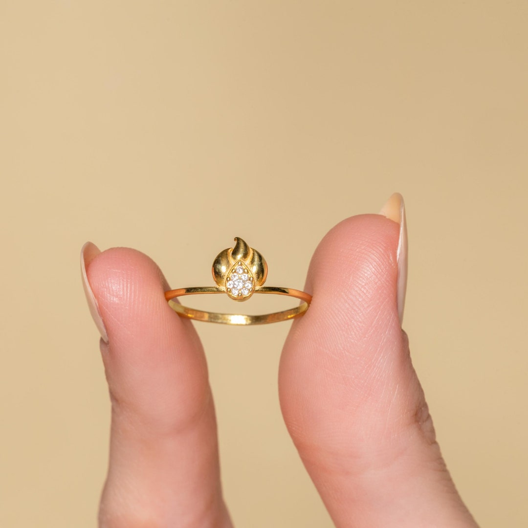 14K Solid Gold Fire Ring Gold Flame Cz Ring Stackable Ring Women ...