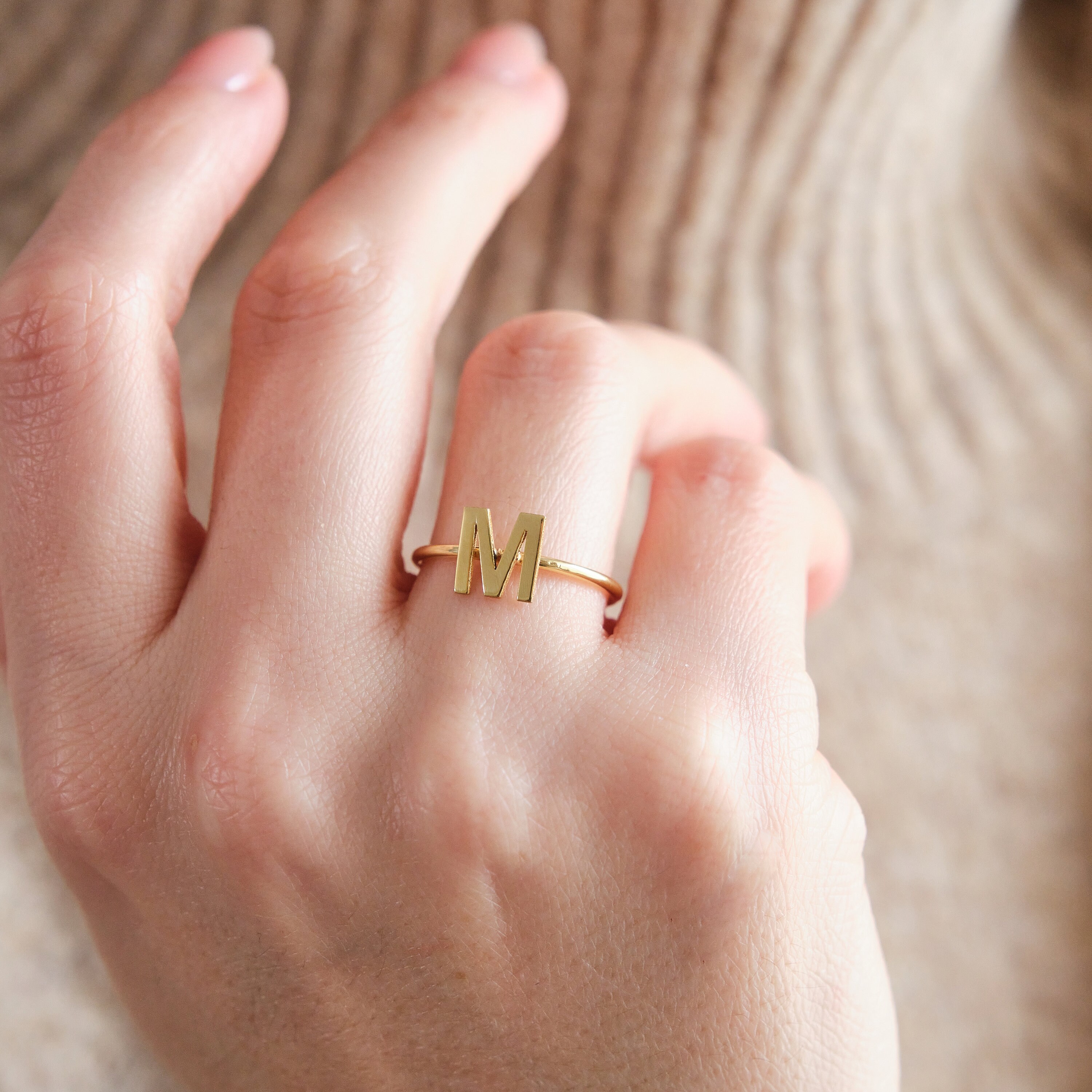 14K Solid Gold Initial Ring 14K Gold Stackable Initial Ring 14K Real ...