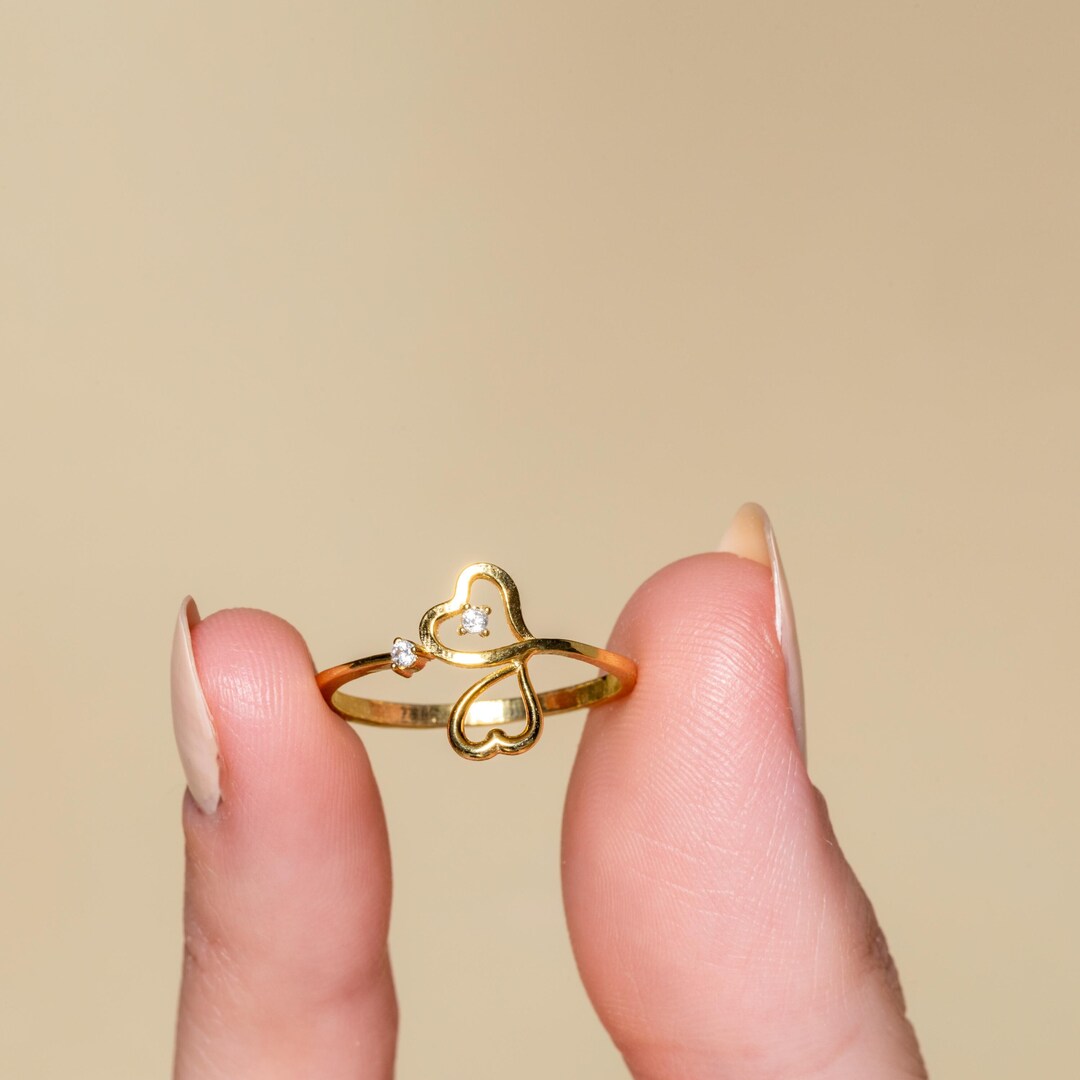 14K Solid Gold Double Heart Ring Women Real Gold Heart Ring 14K Gold ...