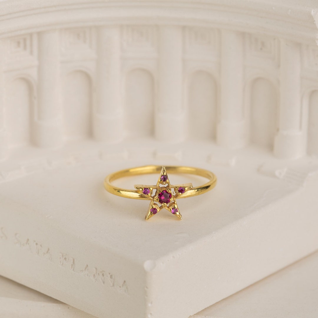14K Gold Ruby Star Ring Solid Gold Ruby Engagement Ring Pink Gemstone Ring Women Minimalist ...
