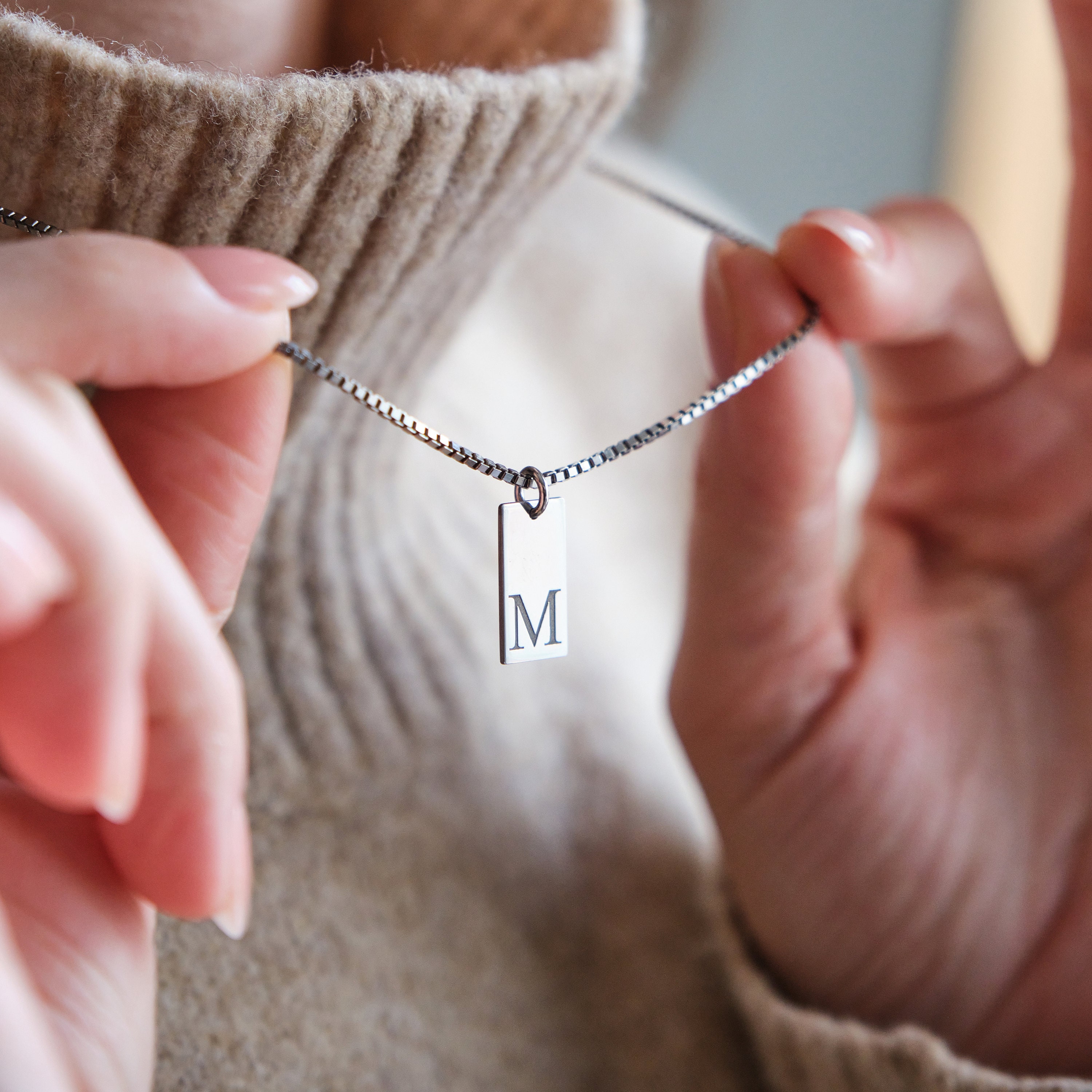 14K Solid Gold Tag Necklace With Box Chain 14K Gold Initial Necklace ...