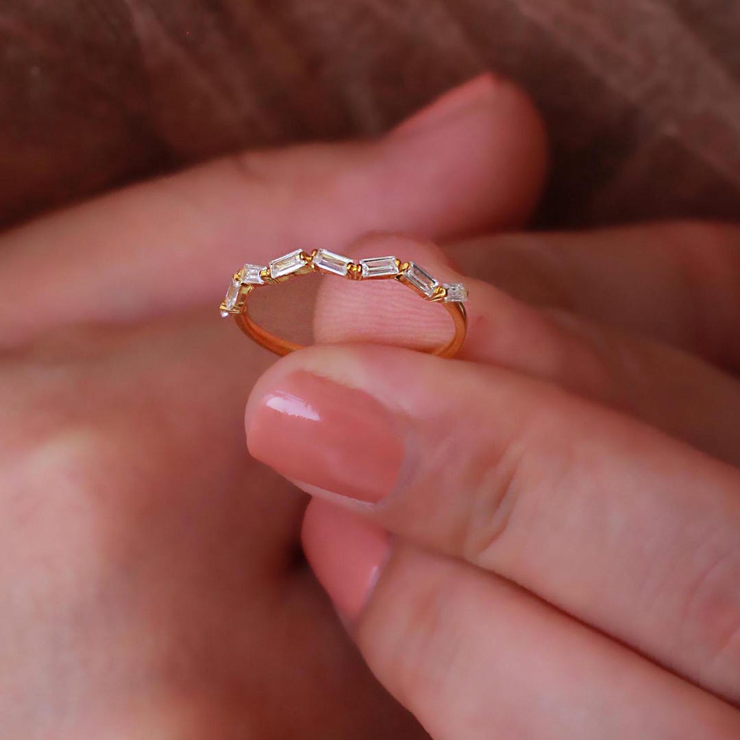 14K Solid Gold Zigzag Baguette Birthstone Ring Dainty Gold Baguette Ring Custom Birthstone Ring ...
