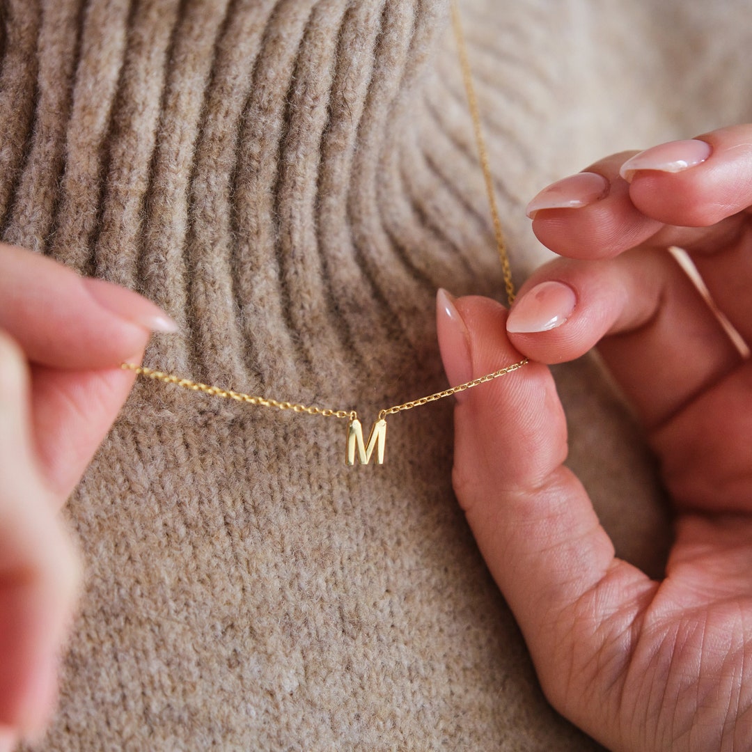 14K Solid Gold Initial Necklace Solid Gold Letter Necklace Minimalist ...