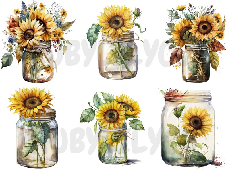 Sunflower Mason Jar - Sunflower Clip Art - Watercolor Sunflowers in ...
