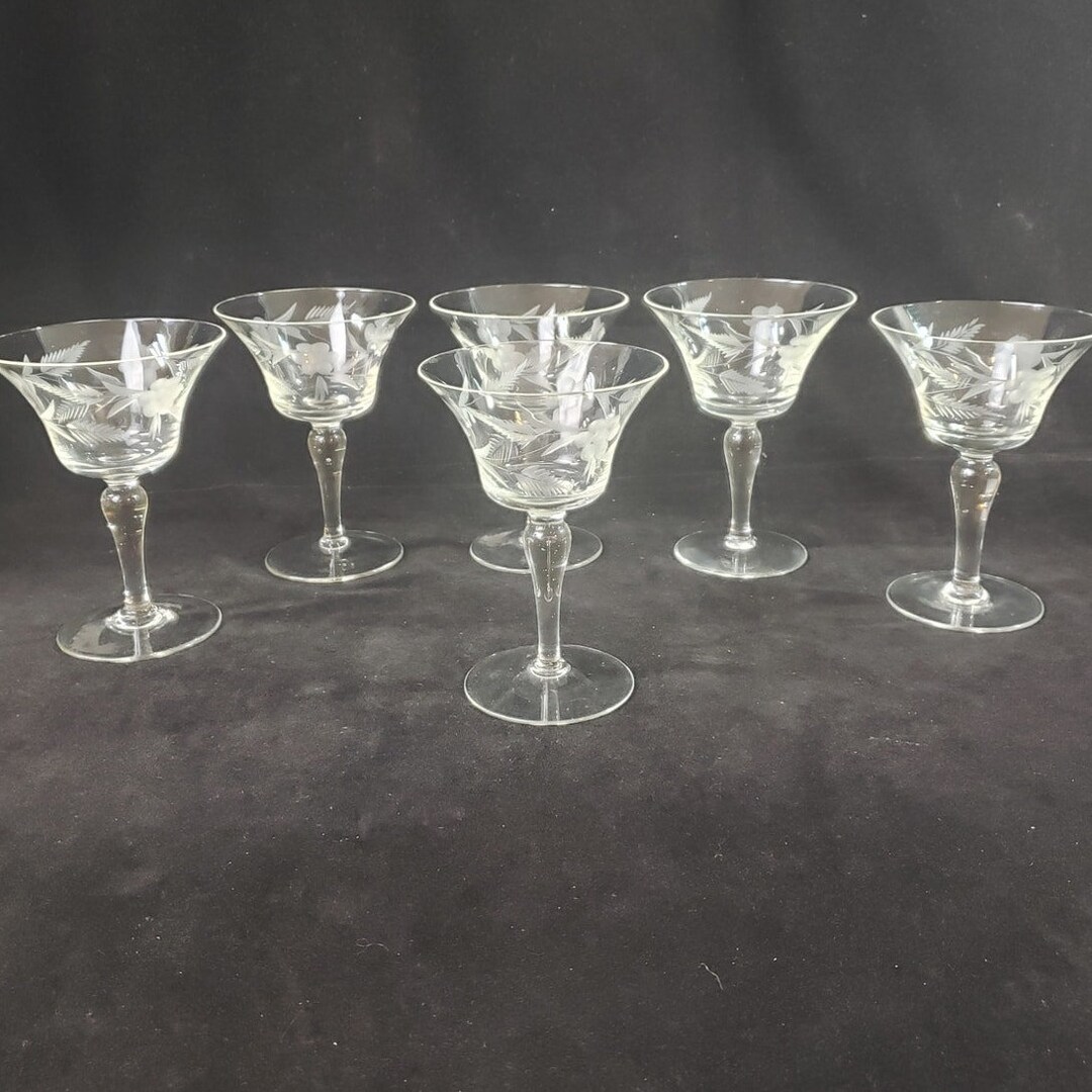 6 Vintage Rossini Hand Blown Etched Crystal Wine Cordial Glasses Made ...