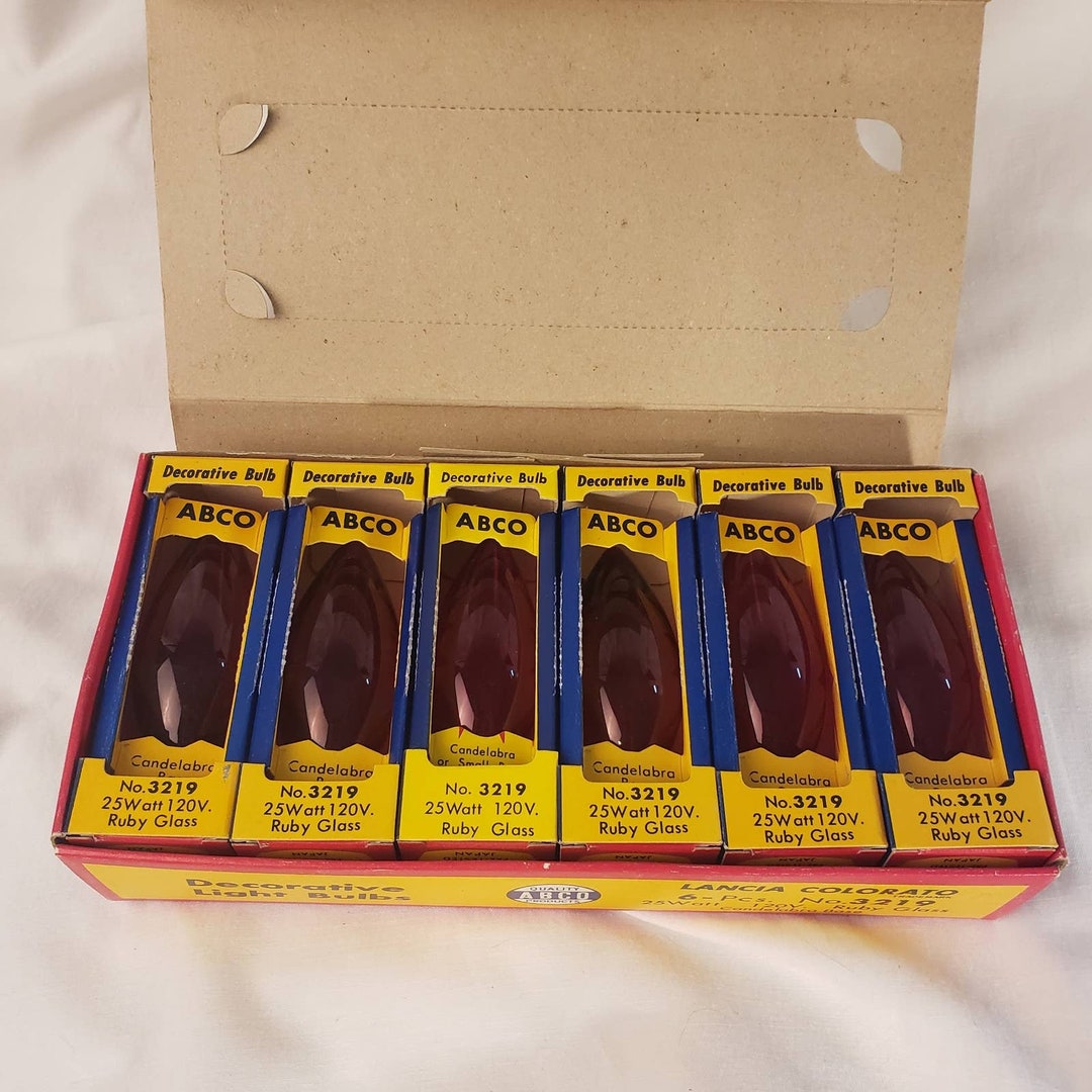 Box of 6 Vintage ABCO Transparent Ruby RED 25W Candelabra Bulbs Lancia ...