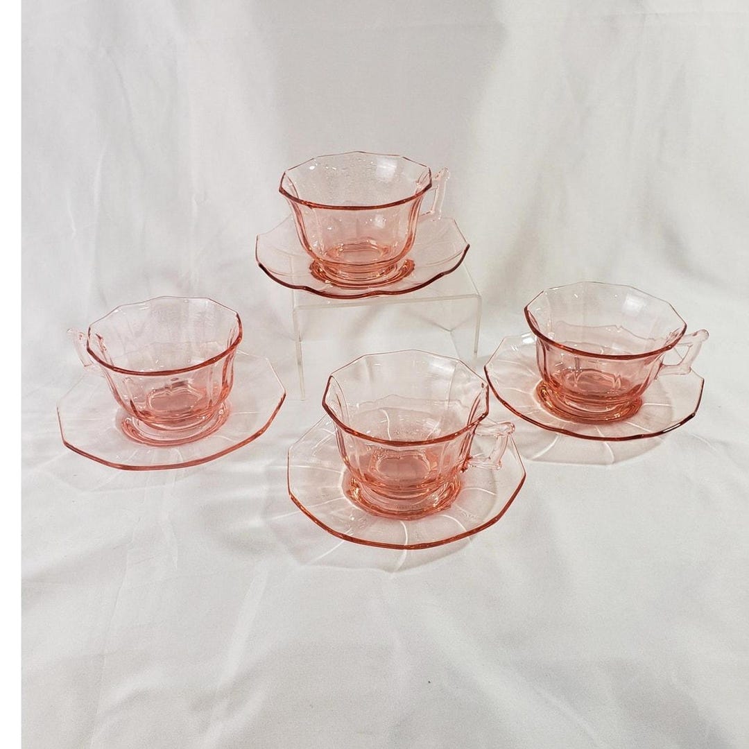 Set of 4 Vintage Pink Cambridge Decagon Tea Cups and Saucers 10-sided ...