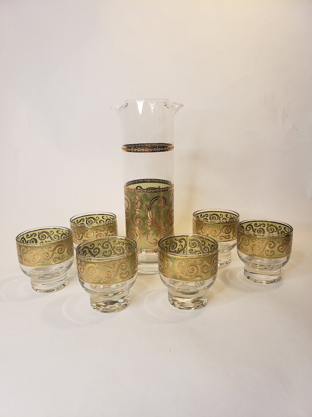 Vintage Culver Signed 24K Gold and Green Cocktail Martini Pitcher and 6 ...