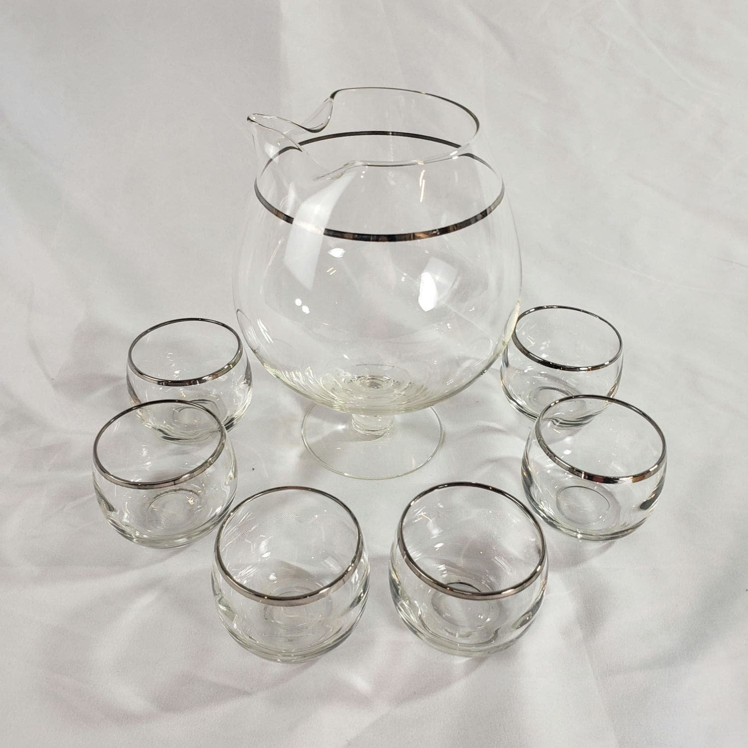 MCM Footed Roly Poly Cocktail Pitcher and 6 Glasses Silver Band Brandy ...