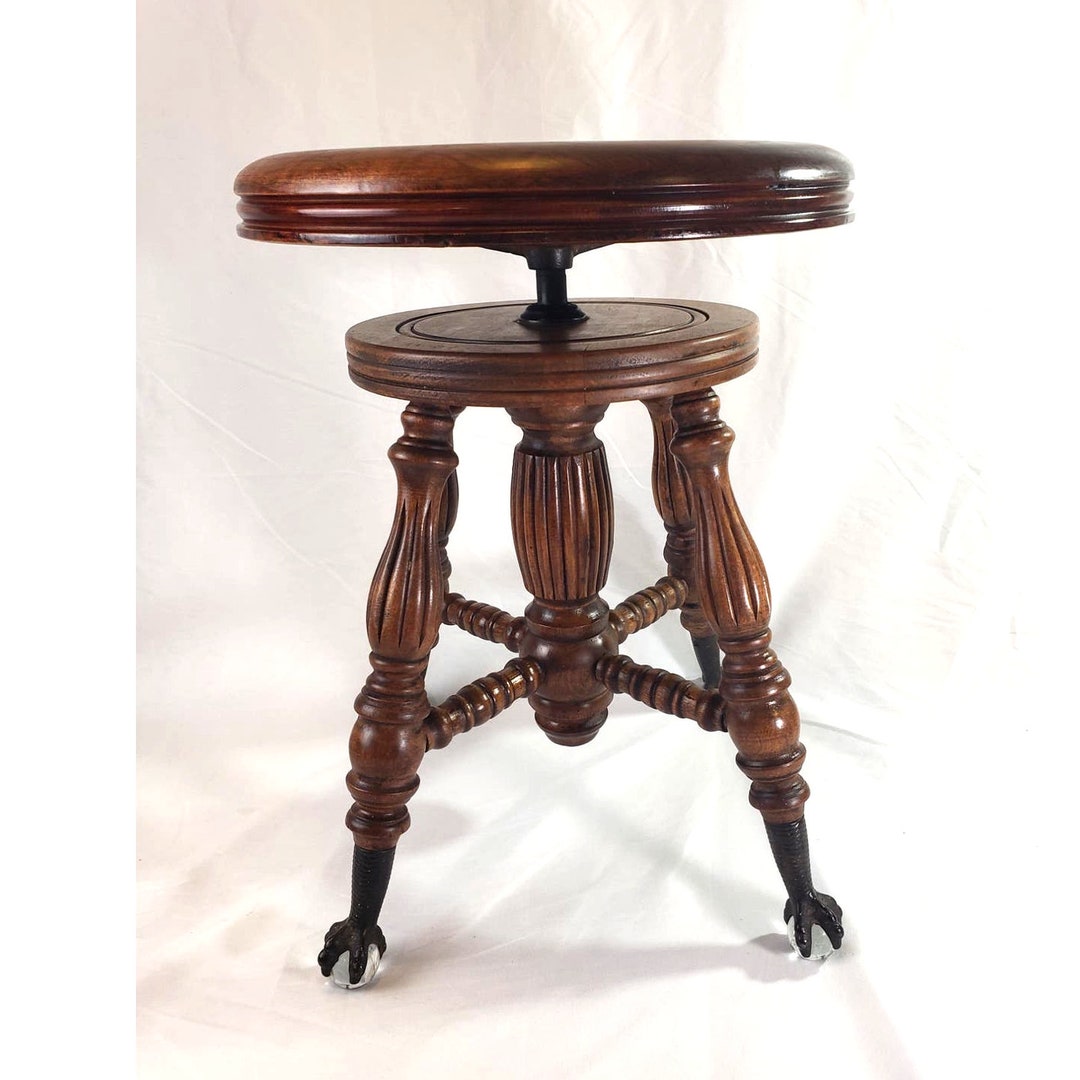 Antique Round Wood Oak Piano Stool Glass Ball Claw Feet Adjustable ...