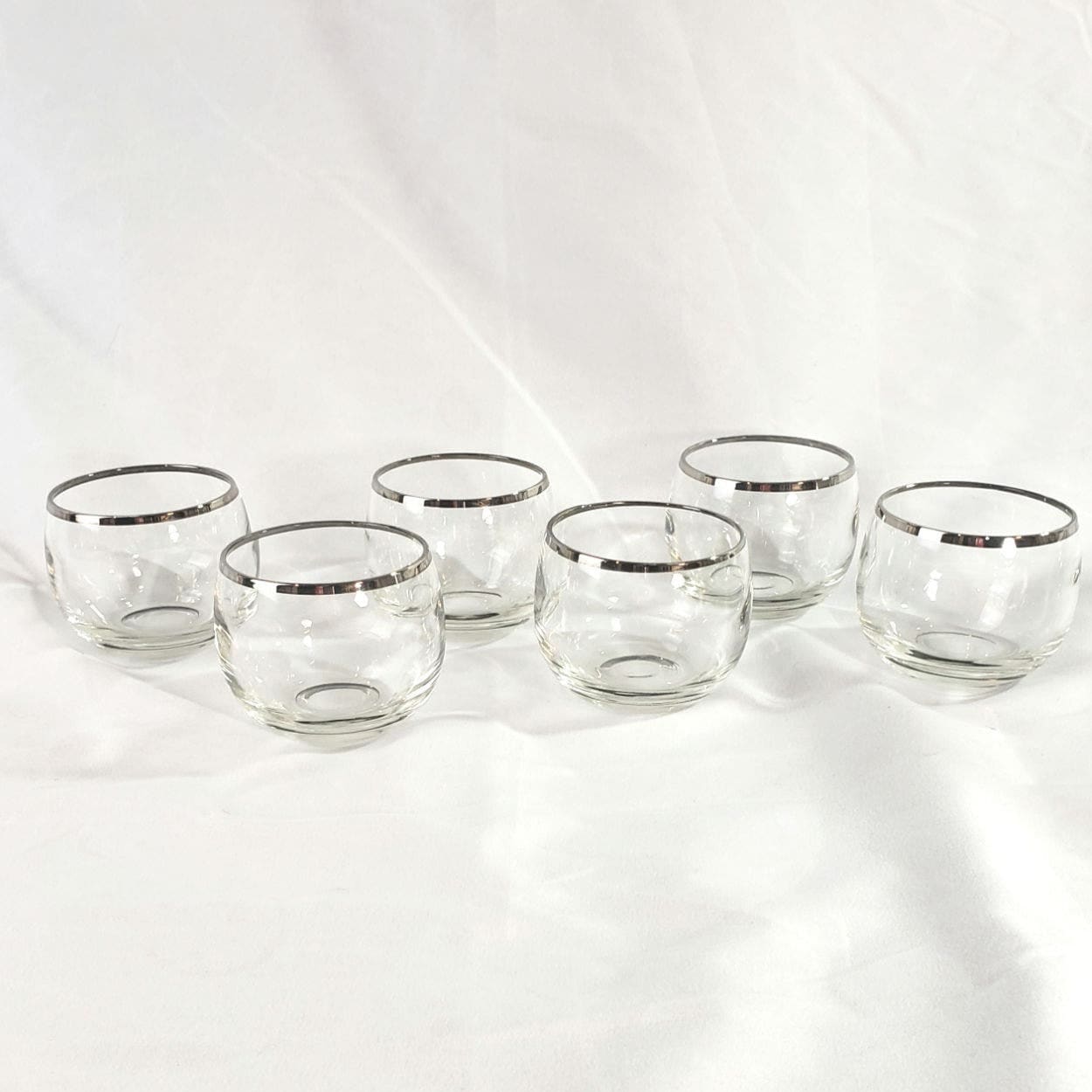 MCM Footed Roly Poly Cocktail Pitcher and 6 Glasses Silver Band Brandy ...