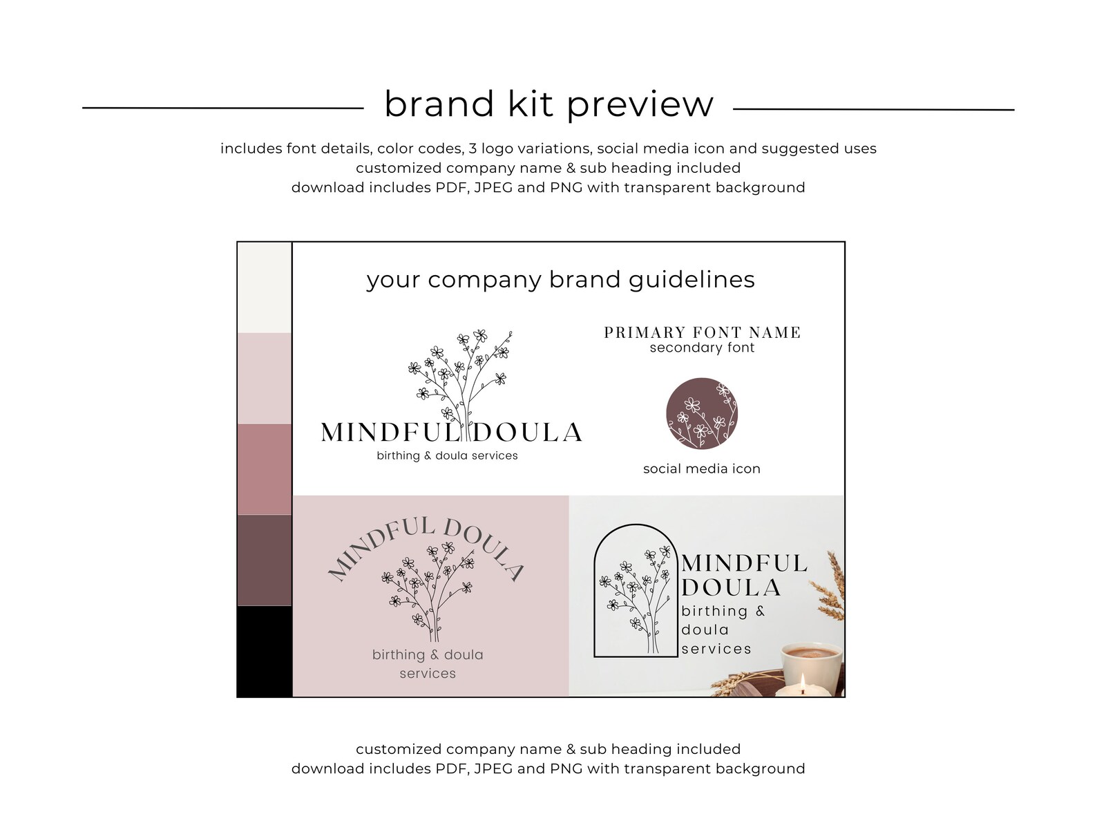 Floral Feminine Doula Logo With Pre-made Branding, Customize for Your ...