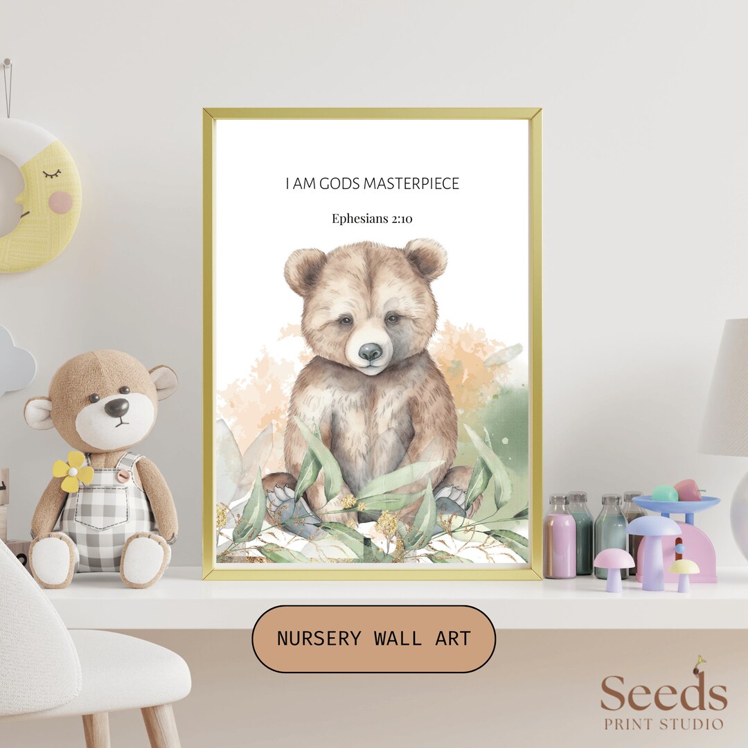 Watercolor Bear Bible Verse Print: Safari Nursery Decor (digital ...