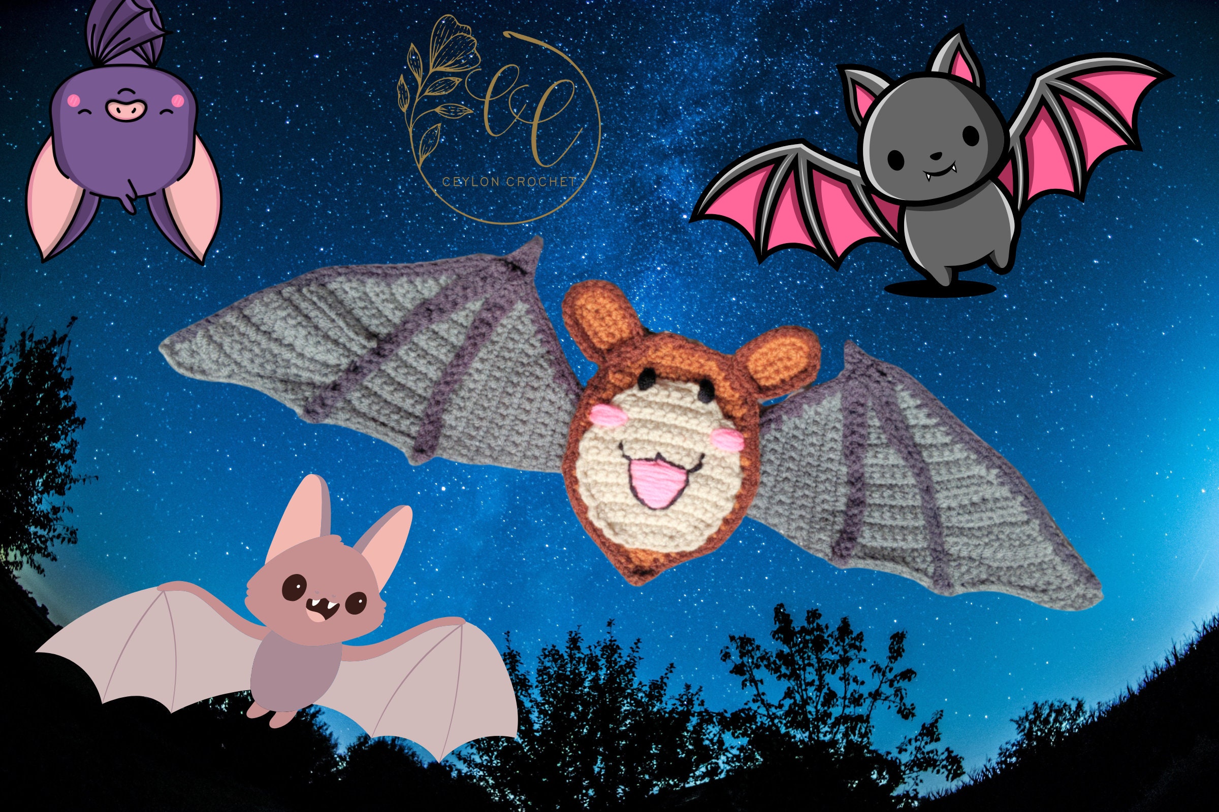 CROCHET Bat Applique 2D INSTANT DOWNLOAD , Applique Pattern, Halloween ...